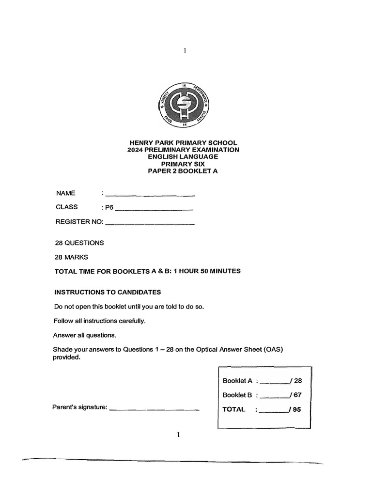 P6 English Prelim 2024 HenryPark Exam Papers | PDF