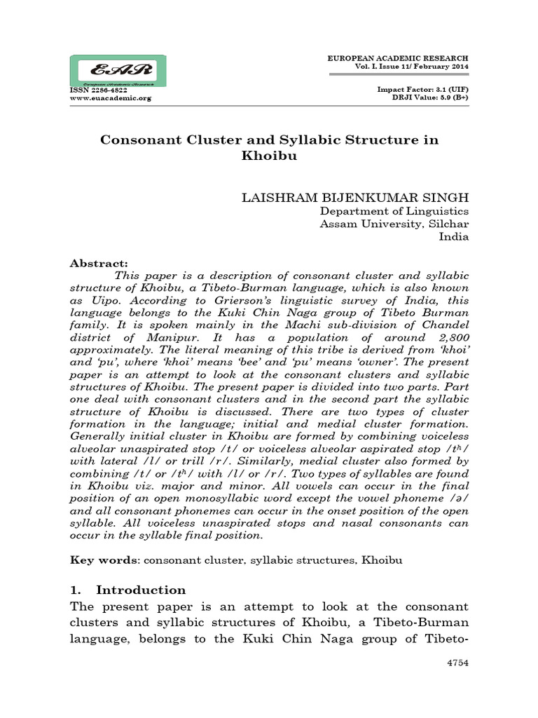 Consonant Cluster and Syllabic Structure in Khoibu: Laishram Bijenkumar ...