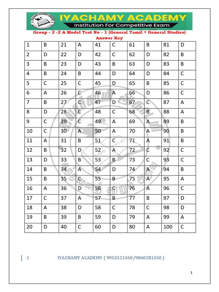 Group 2 2 A Model Test No 1 General Tamil + General Studies Answer | PDF