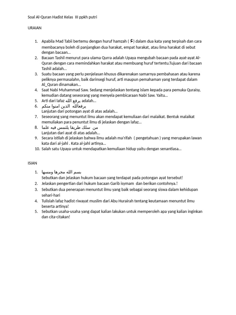 Soal QH Kelas 3 Putri 2024 | PDF