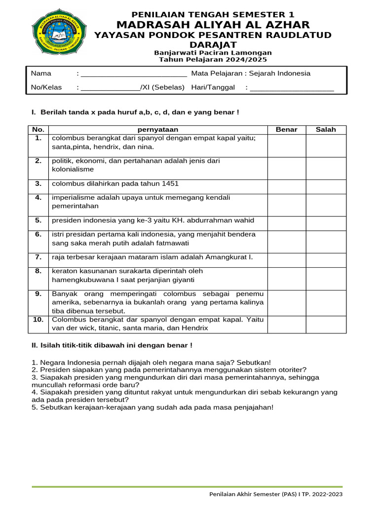 KOP PTS 1 MA AL AZHAR (2) | PDF