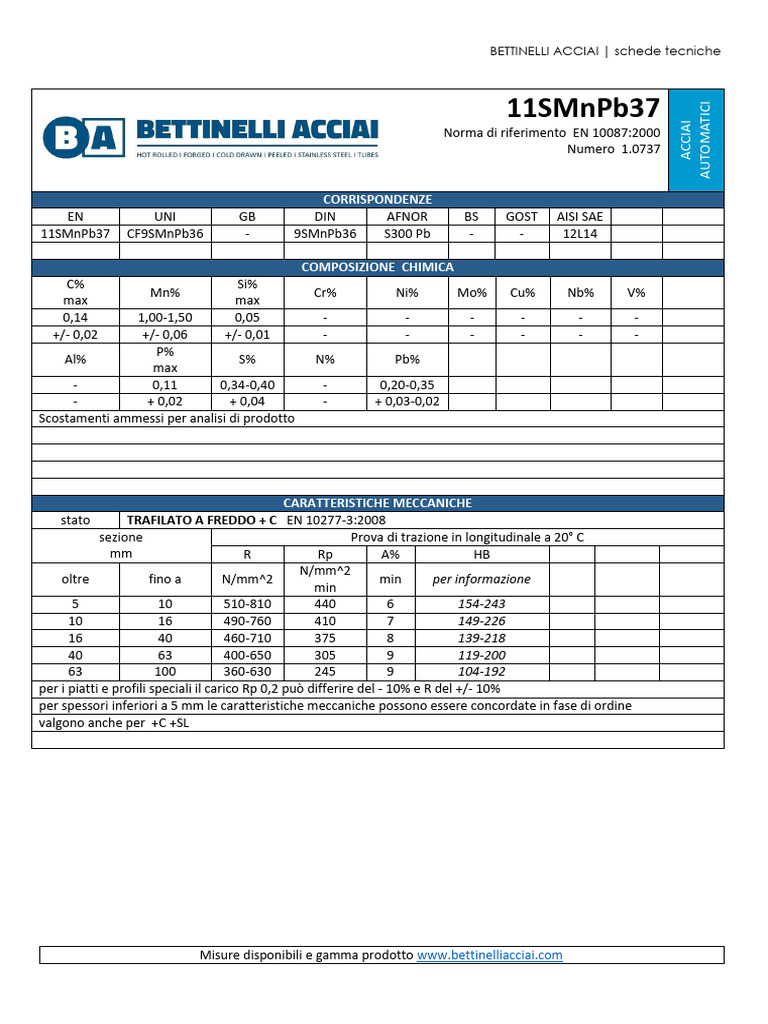 Acciaio Avp Scheda Tecnica Ba 11smnpb37 | PDF