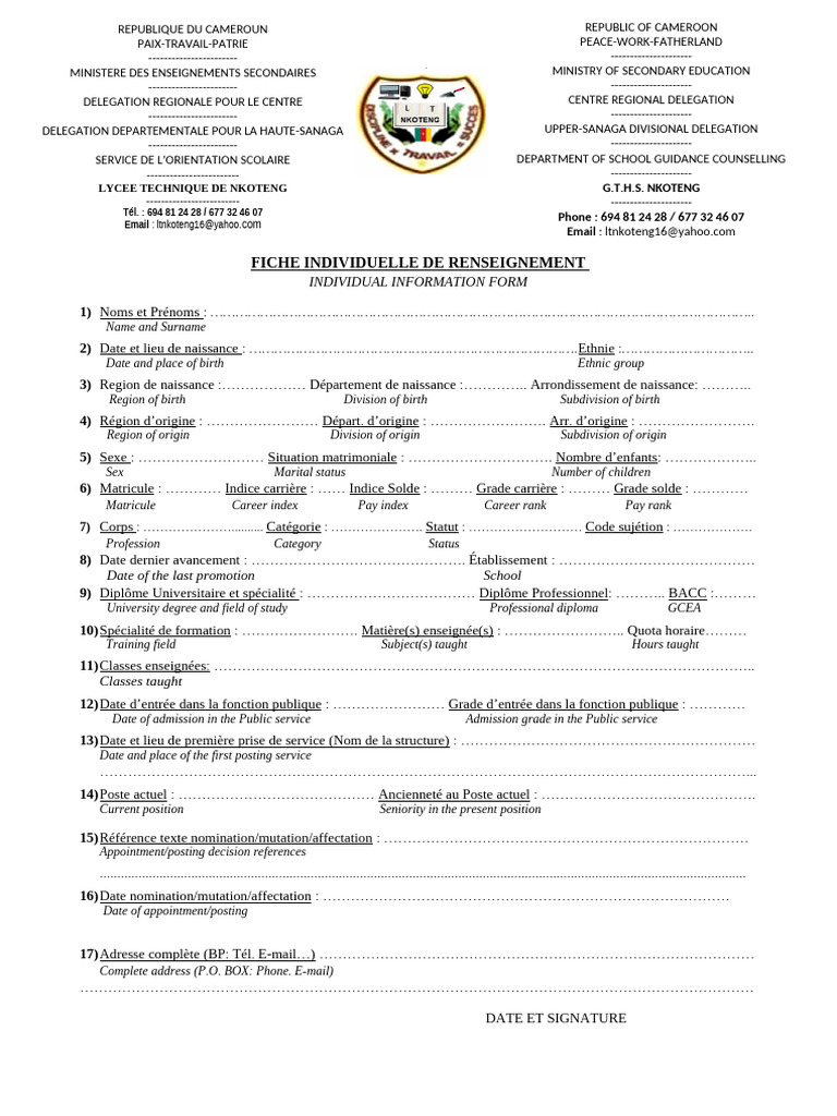 Fiche Individuelle de Renseignement | PDF