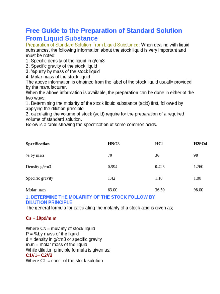 Free Guide To The Preparation of Standard Solution From Liquid ...