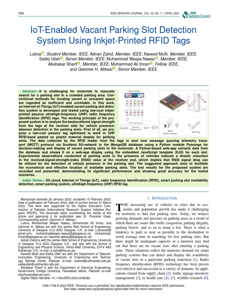 IoT-Enabled Vacant Parking Slot Detection System Using Inkjet-Printed RFID Tags | PDF
