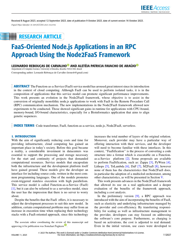 FaaS-Oriented Node - Js Applications in An RPC Approach Using The Node2FaaS Framework | PDF