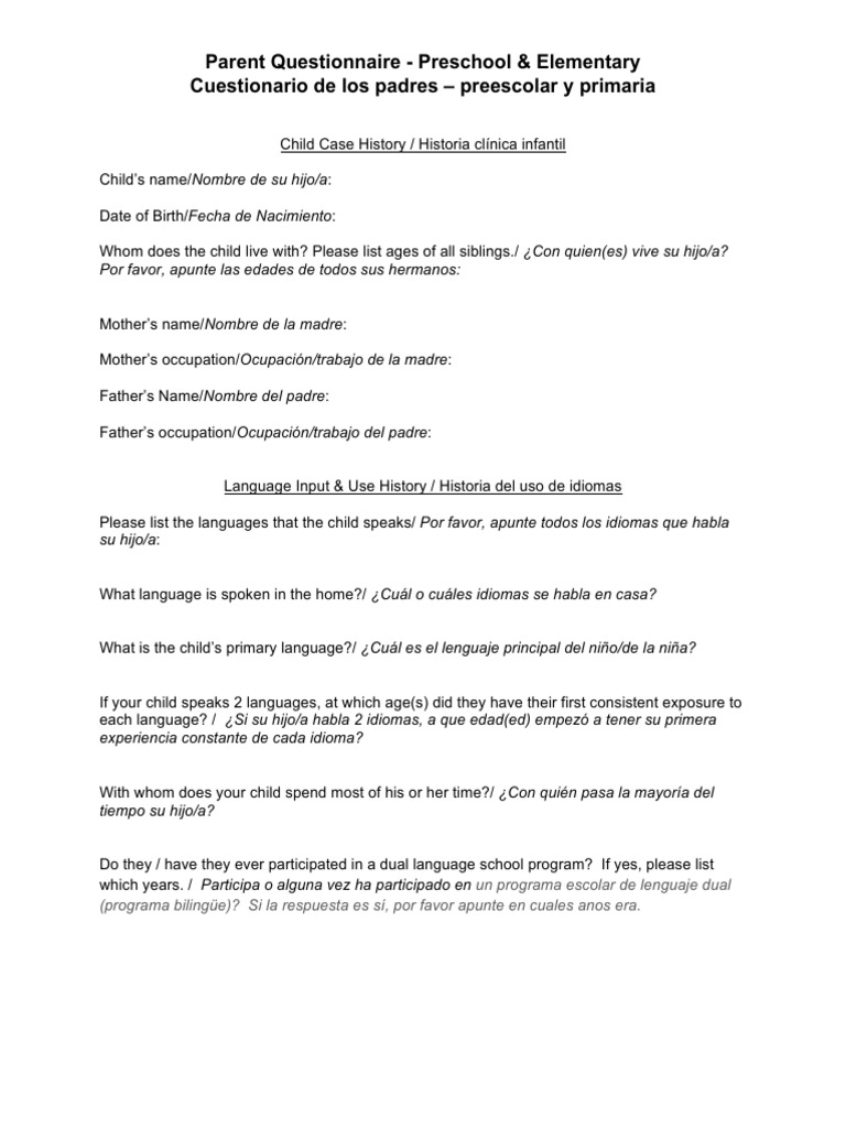 Parent Questionnaire (Bilingual - English/Spanish) - Preschool ...