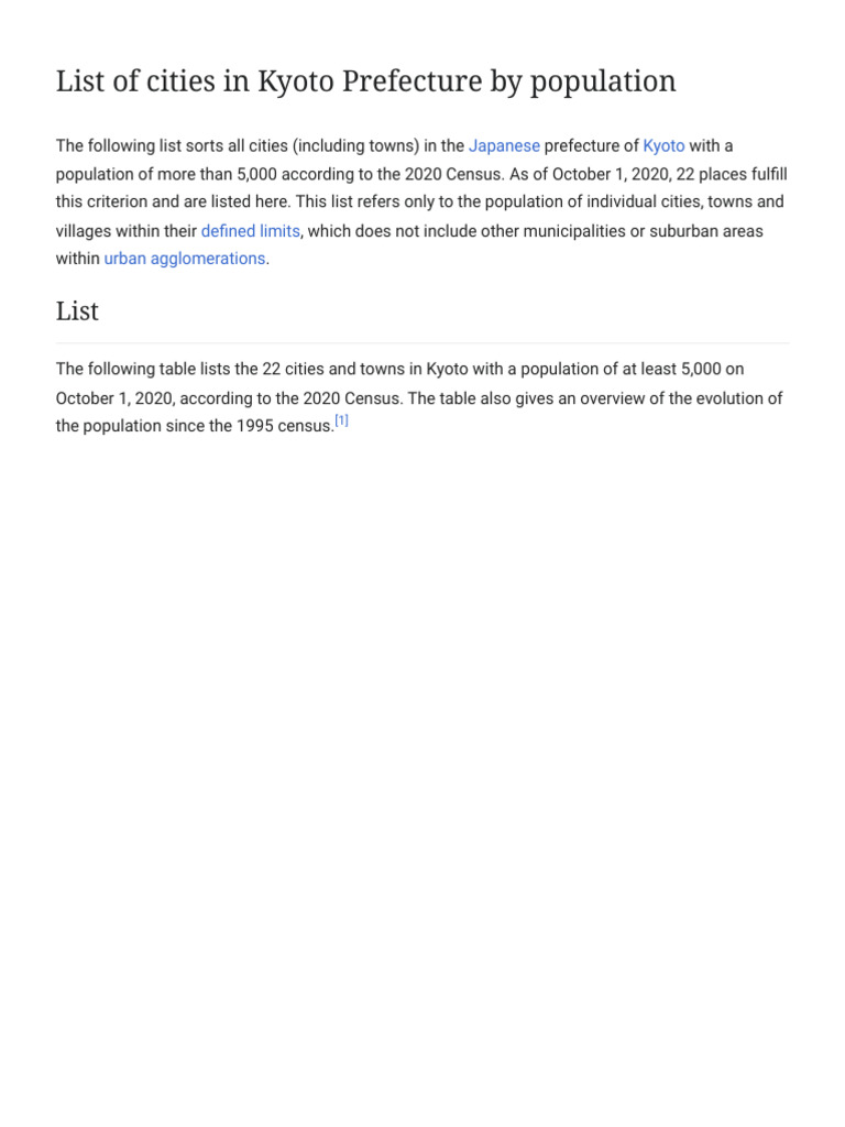 List of Cities in Kyoto Prefecture by Population - Wikipedia | PDF