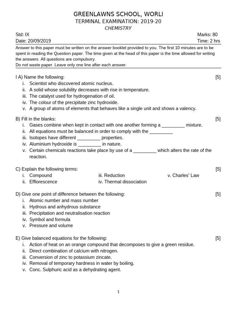 Chemistry March 2020 std9 | PDF | Oxide | Technology & Engineering