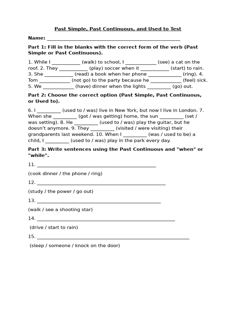 Past Simple - Past Cont - Used To - Quiz | PDF | Language Arts ...