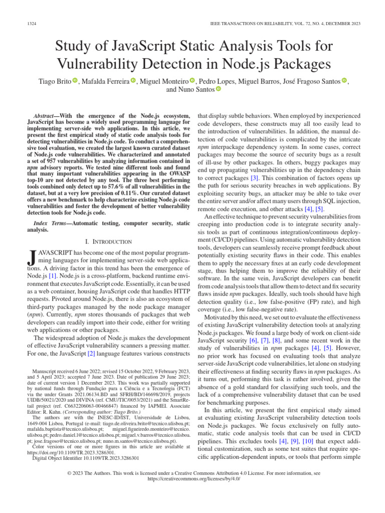 Study of JavaScript Static Analysis Tools For Vulnerability Detection in Node - Js Packages | PDF