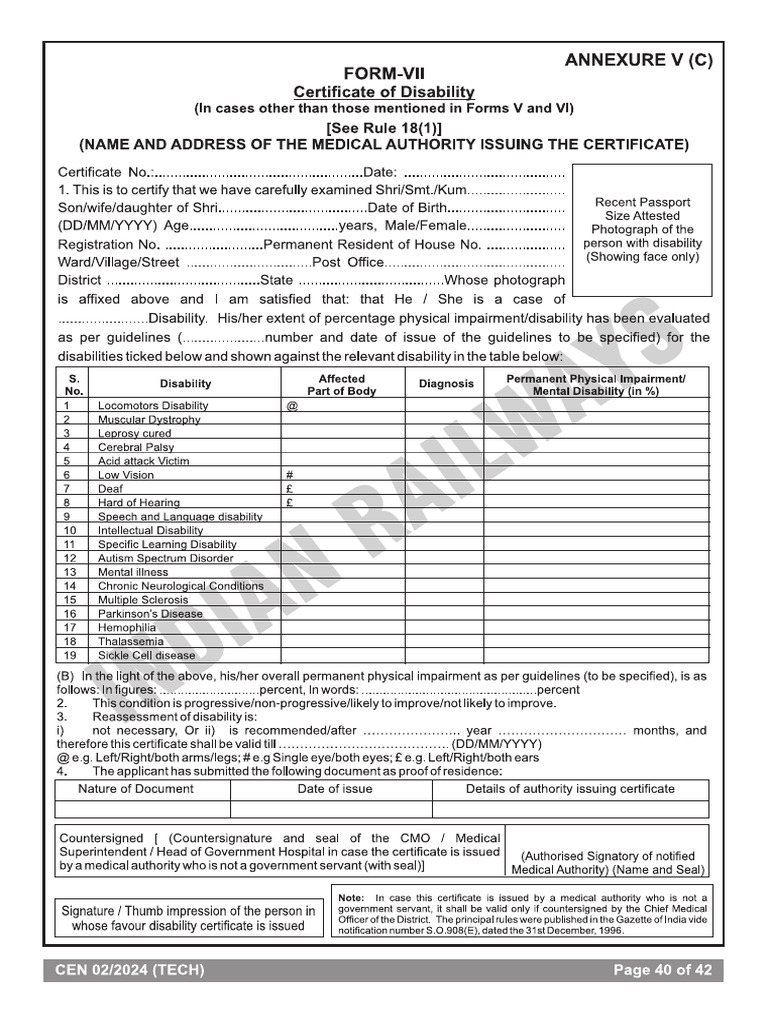 Disability Certificate Form-VII CEN 02-2024 - Annexure-VC | PDF