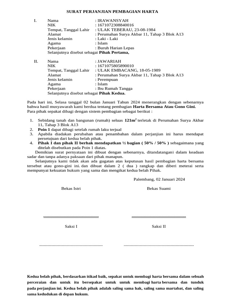 Surat Perjanjian Pembagian Harta Gono Gini | PDF