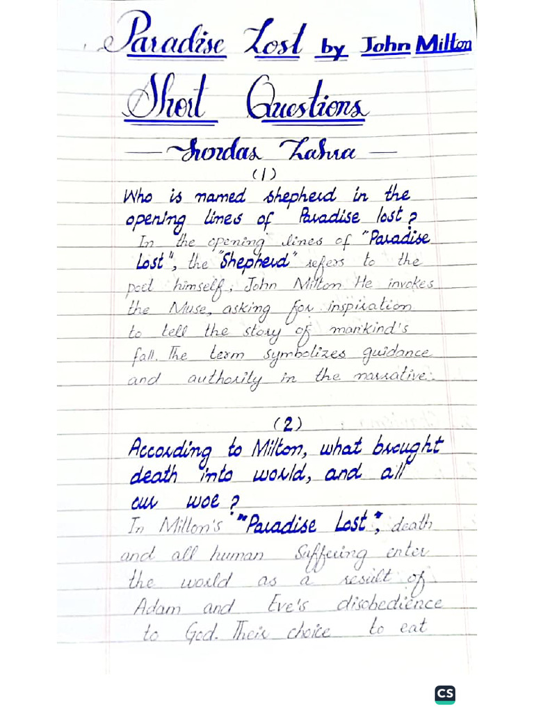Paradise Lost Short Question | PDF