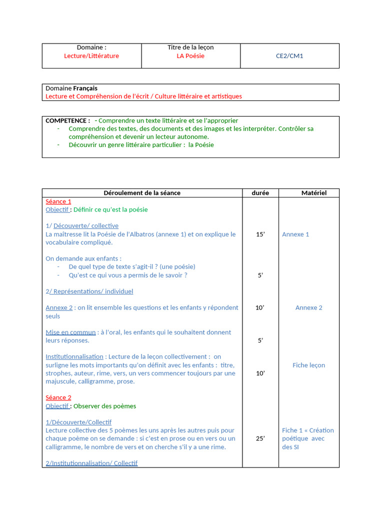 Fiche Péda Littérature CE2CM1 La Poésie | PDF