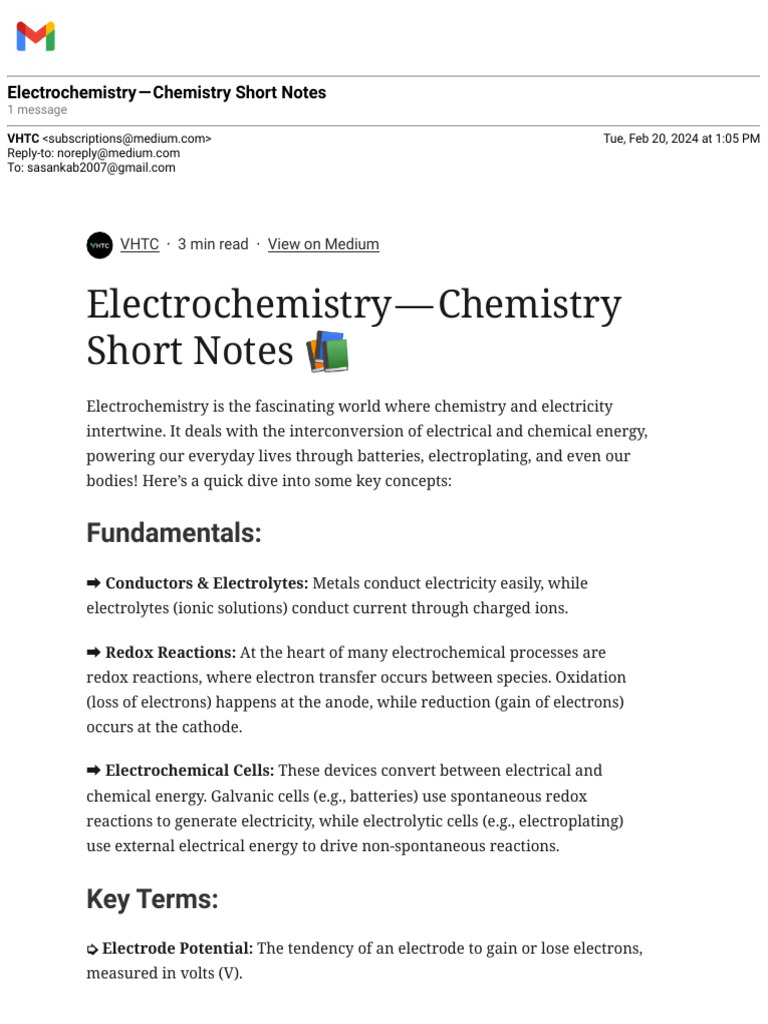 Gmail Electrochemistry Chemistry Short Notes Pdf