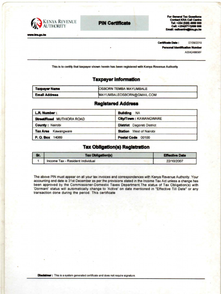 Kra Pin Certificate20240925 - 09261988 | PDF