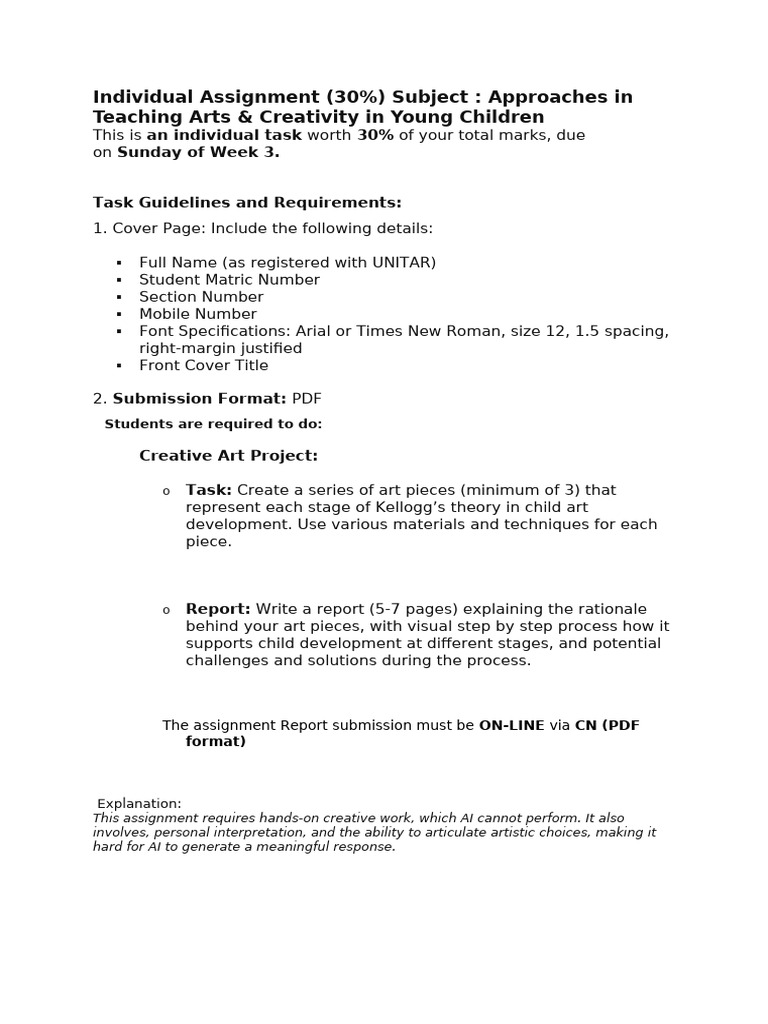 Assignment Teaching Arts & Creativity | PDF
