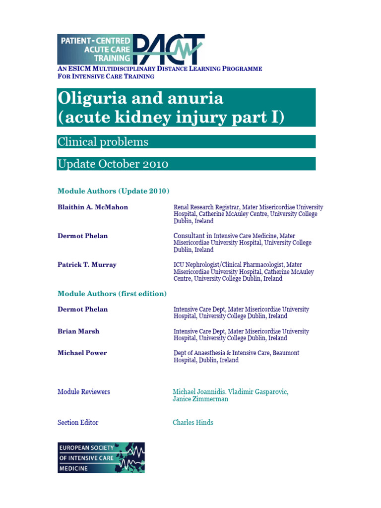 Oliguria and Anuria (Acute Kidney Injury Part I) - PACT - ESICM | PDF