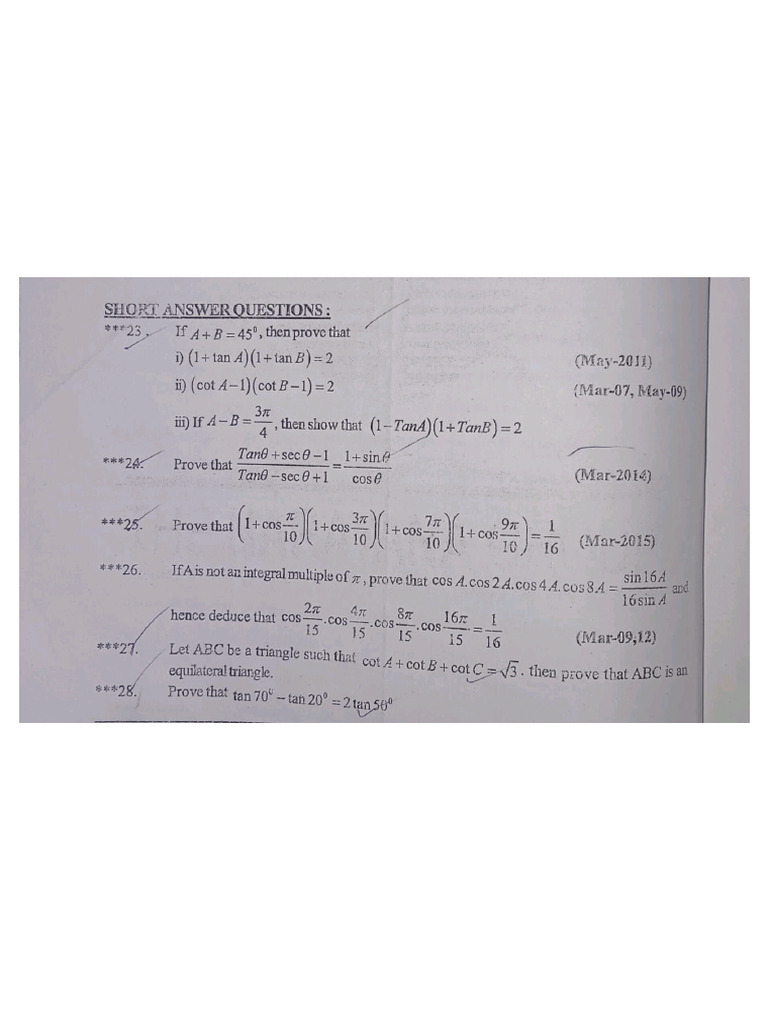 Maths 1A Imp Questions For 1st Year Inter Students | PDF