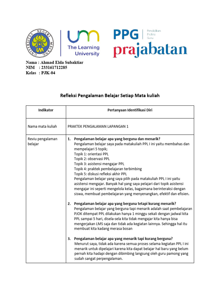 Refleksi Pengalaman PPL I Ahmad Elda | PDF | Career & Growth