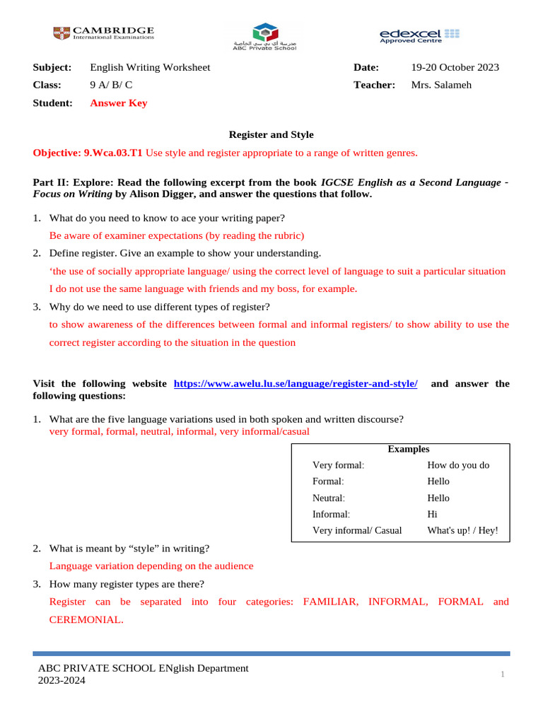 Register and Style Worksheet AK | PDF