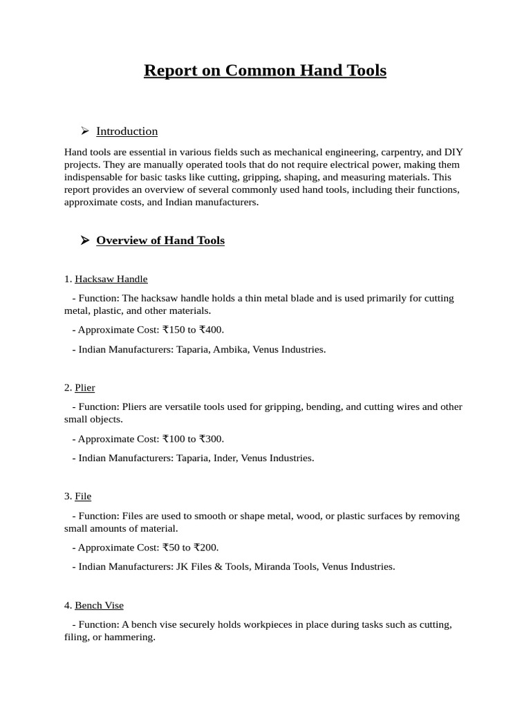 Report On Common Hand Tools | PDF