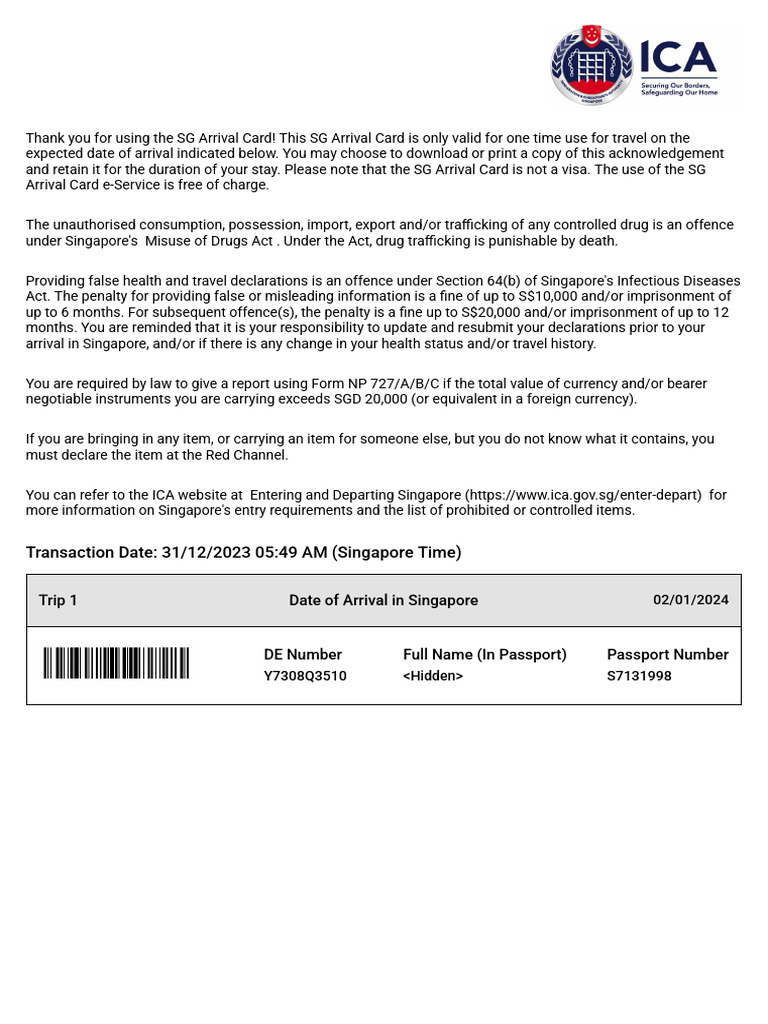 SGArrivalCard 311220230549 | PDF