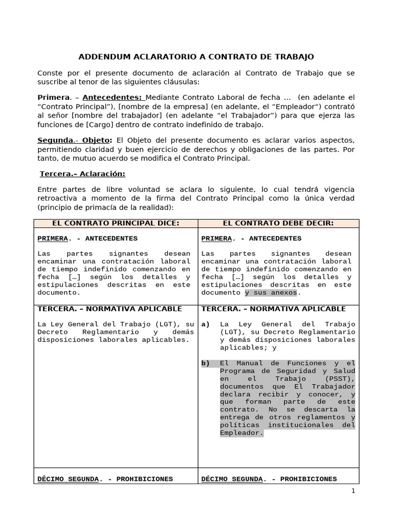 ADDENDUM ACLARATORIO AL CONTRATO LABORAL Rev - 04.050522 | PDF