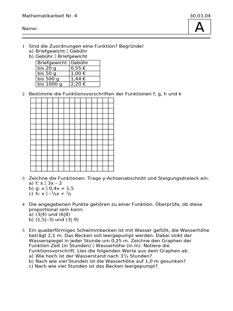Mathematikarbeit Klasse 8 Funktionen Lineare Proportionale | PDF