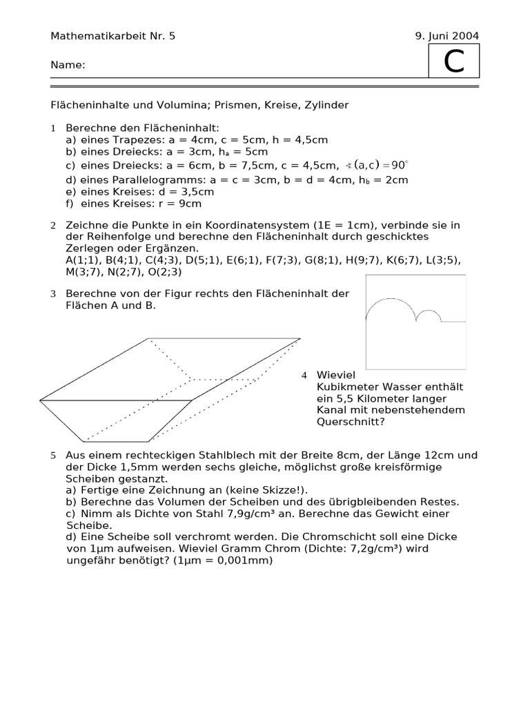Mathematikarbeit Klasse 8 Flächeninhalte Und Volumina Prismen Kreise ...