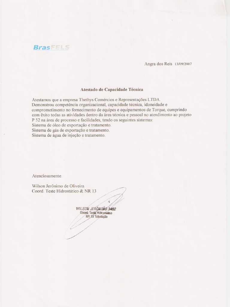 Atestado de Capacidade Tecnica Brasfels | PDF