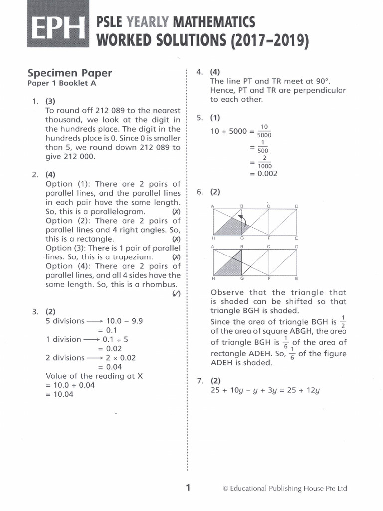ANS KEY PSLE MATH 2017-2019 | PDF