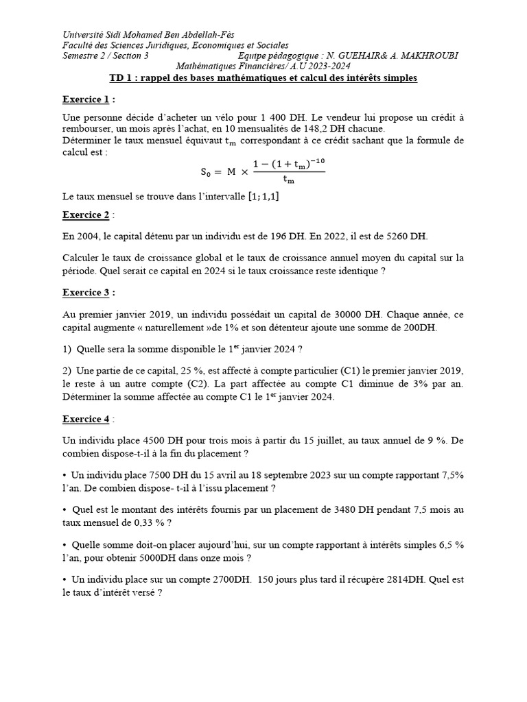 TD 1: Rappel Des Bases Mathématiques Et Calcul Des Intérêts Simples Exercice 1 | PDF