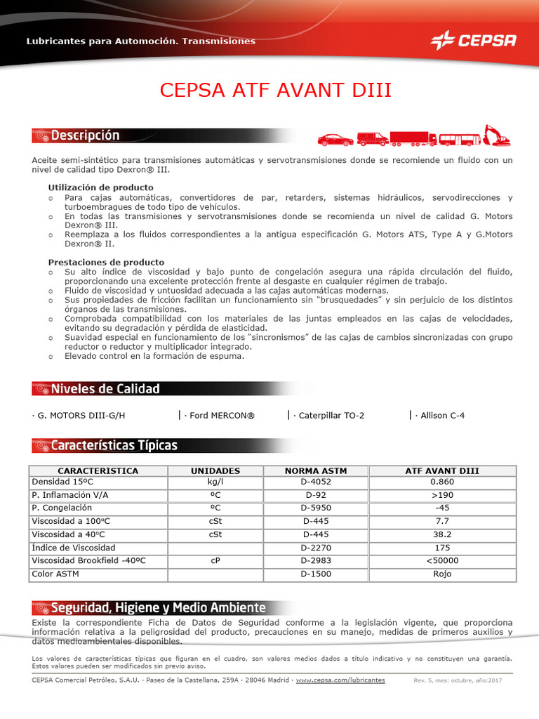 Cepsa Atf Avant Diii | PDF | Soft Matter | Technology & Engineering