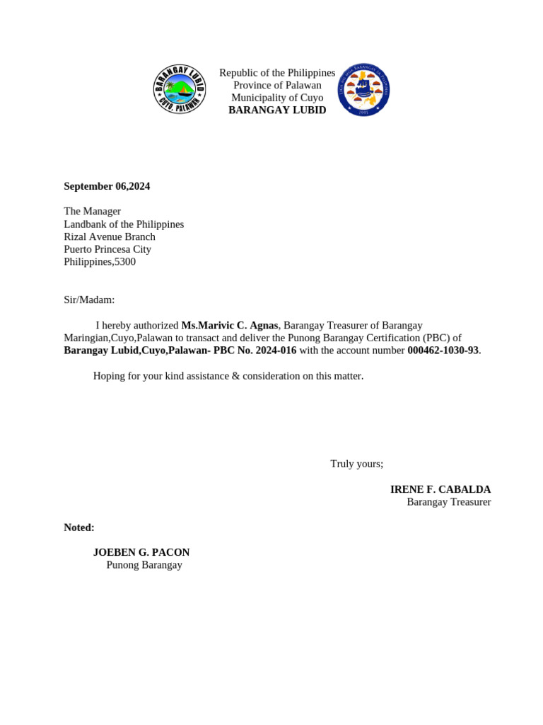 AUTHORIZATION FOR PBC Sample | PDF