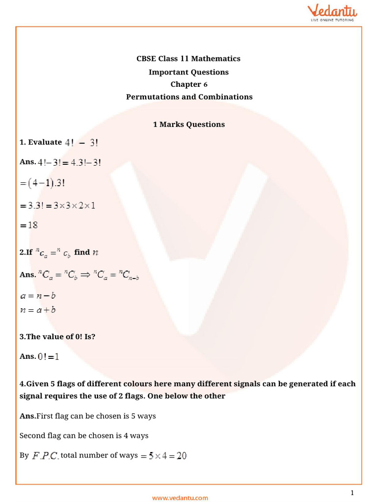 CBSE Class 11 Maths Chapter 6 - Permutations and Combinations Important Questions 2024-25 | PDF