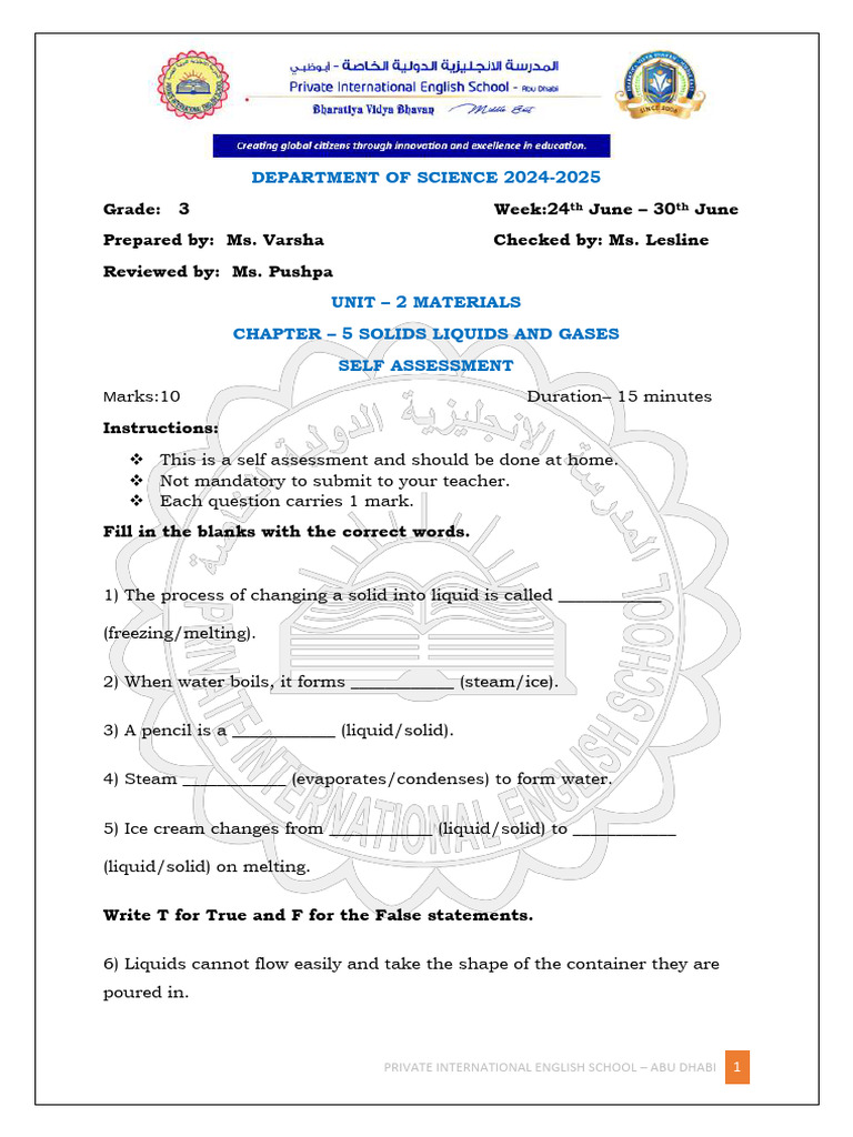 Solids Liquids and Gases Assessment | PDF