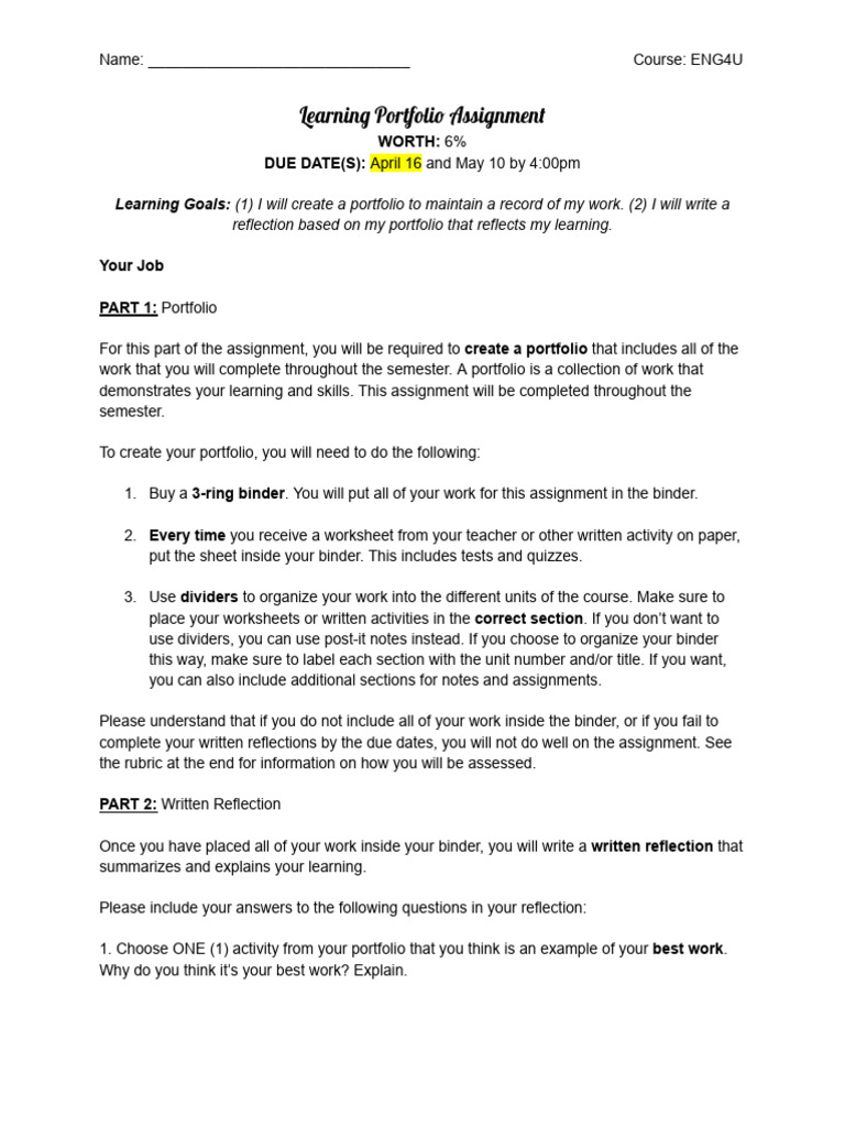 ENG4U - Learning Portfolio Assignment | PDF | Paragraph | Computers