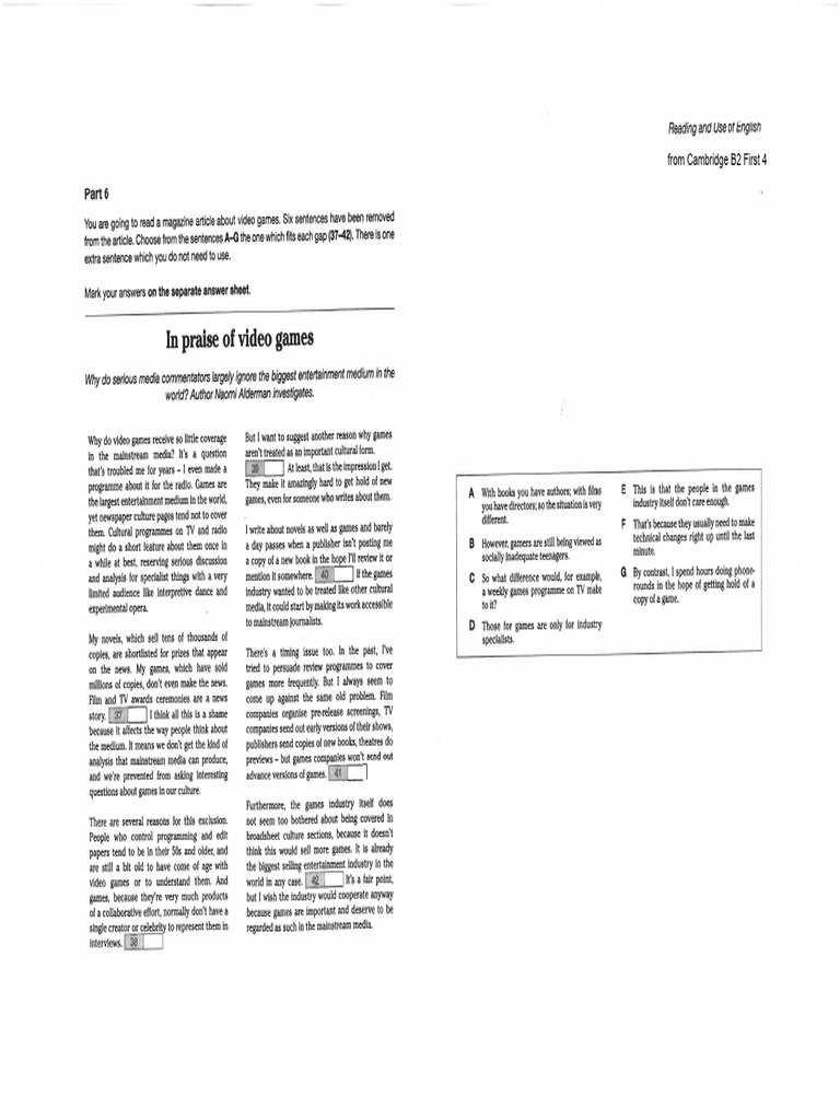 B2 First - Reading Part 6 - in Praise of Video Games + AK | PDF