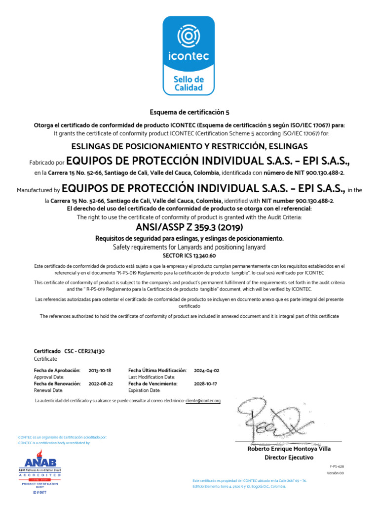Certificado Ansi Z359-3 Eslingas de Pos y Res | PDF