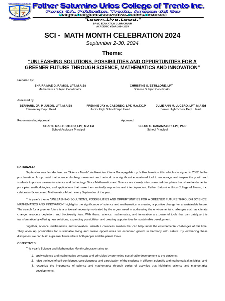 Calendar of Activity SCIMATH SHS 2024 | PDF