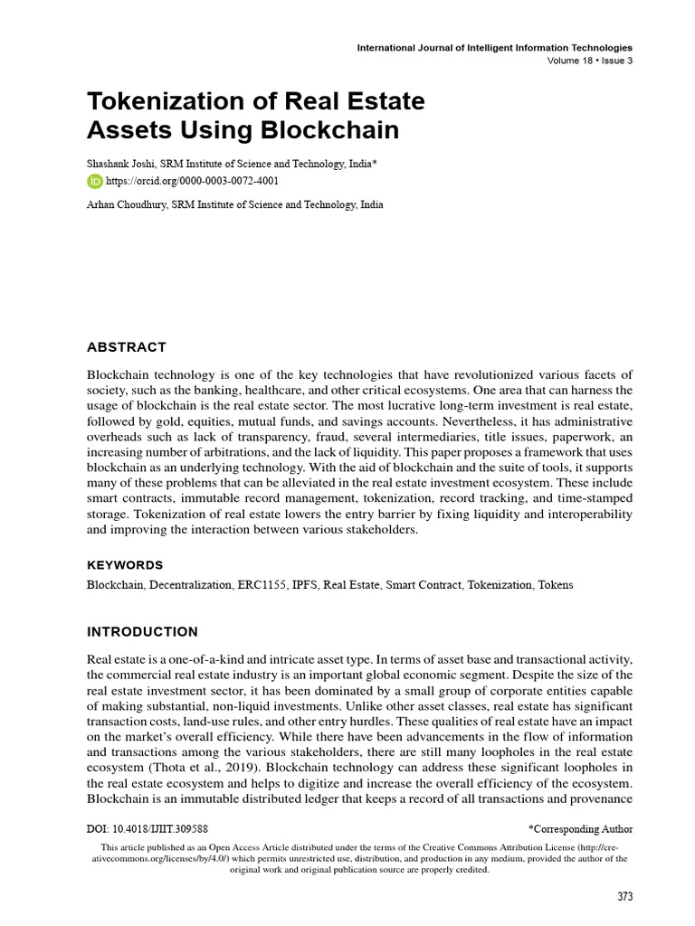 Tokenization of Real Estate Assets Using Blockchain | PDF