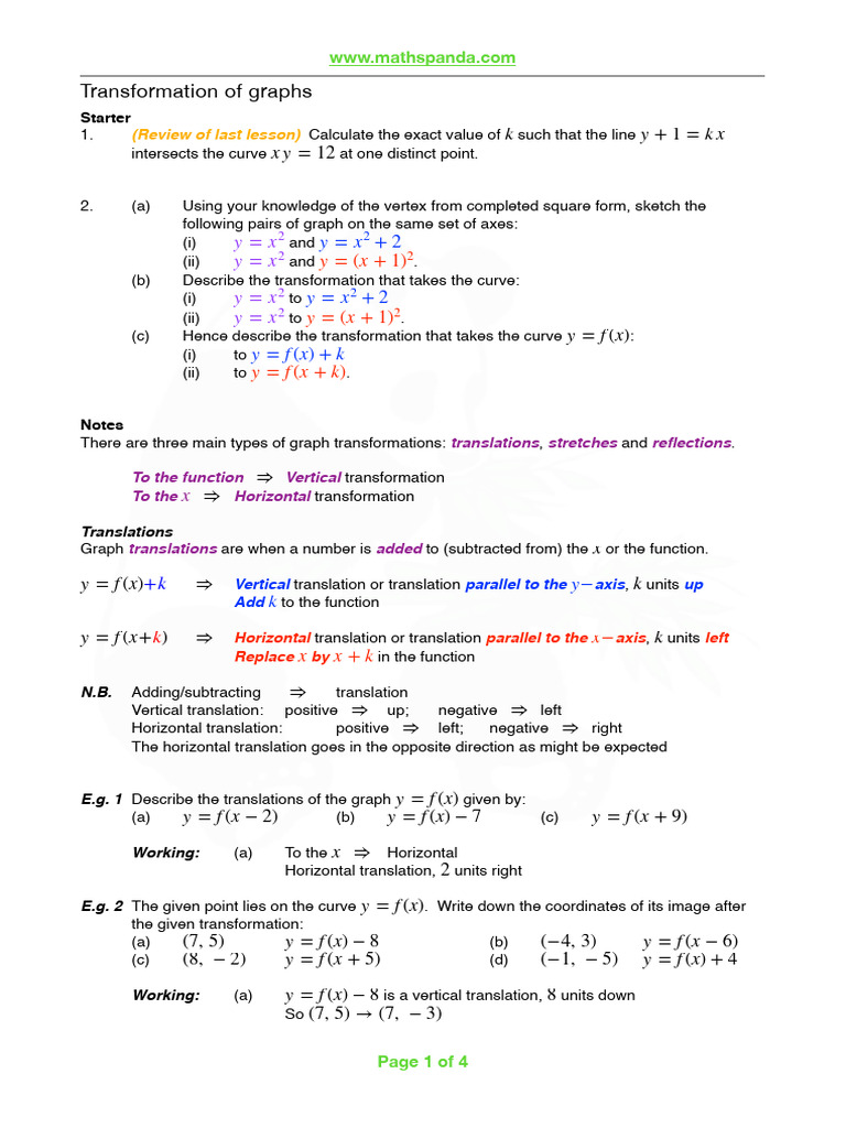Transformation of Graphs LESSON | PDF | Cartesian Coordinate System ...