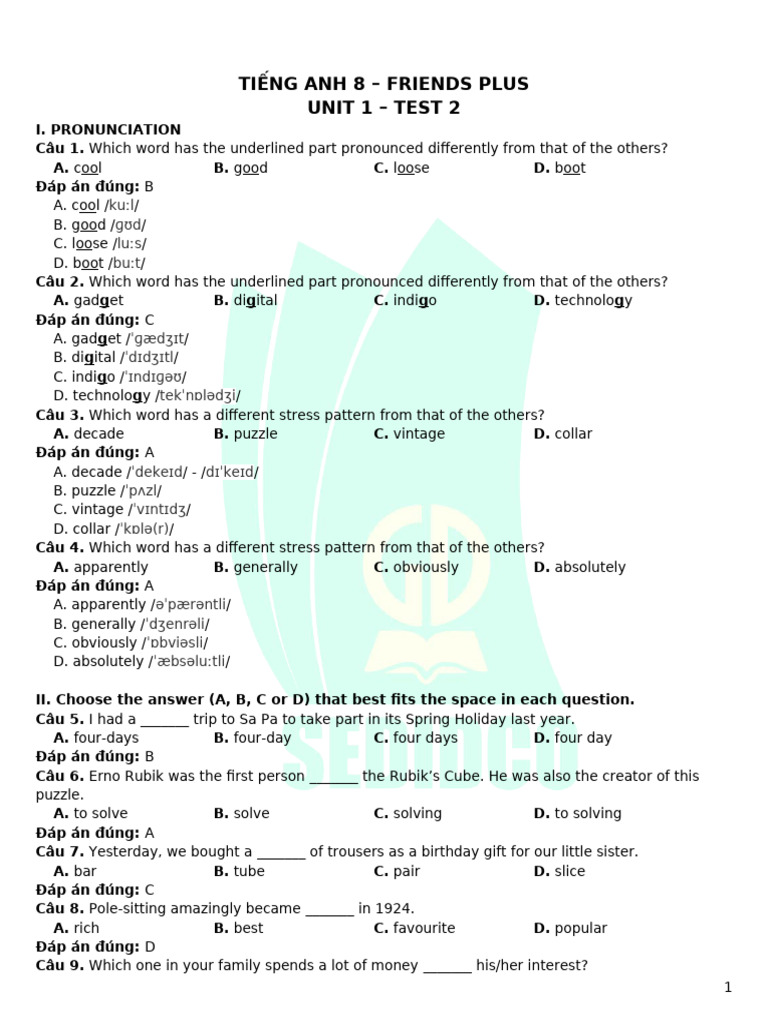 Tieng Anh 8 Friends Plus - Unit 1 - Test 2 (Key) | PDF