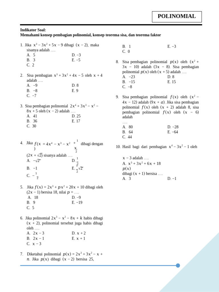 POLINOMIAL-Teorema Sisa Dan Teorema Faktor | PDF