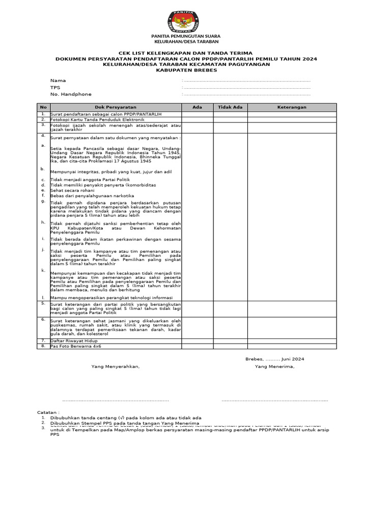 Ceklist Dan Tanda Terima Berkas Persyaratan KPPS TARABAN | PDF