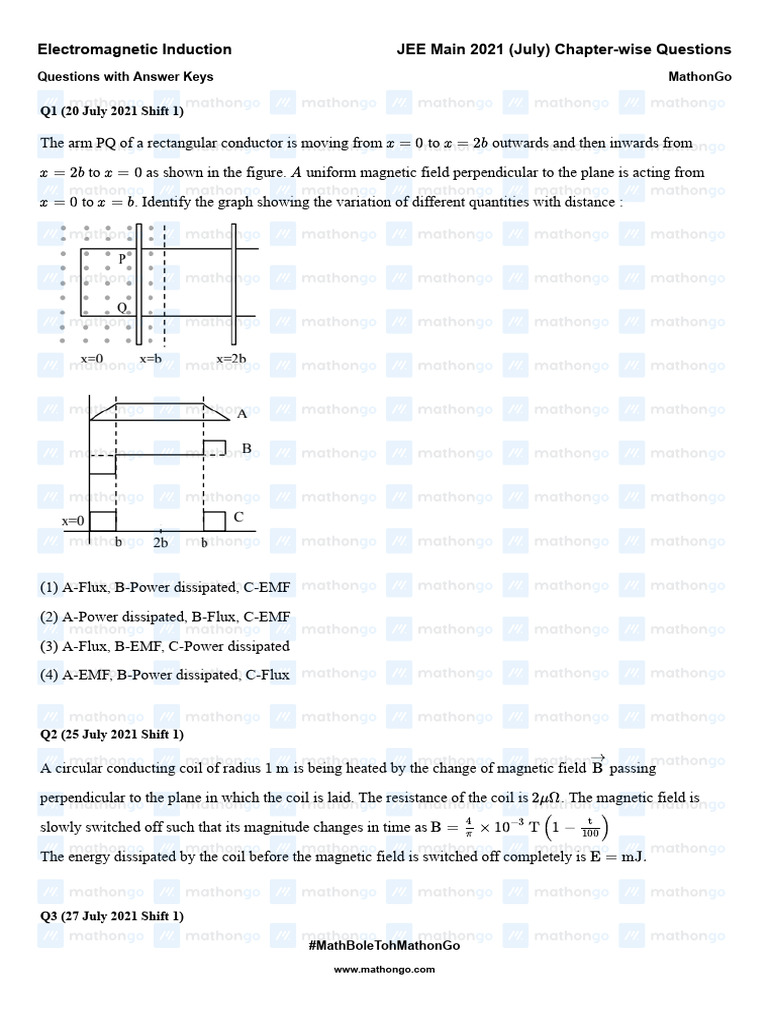 Electromagnetic Induction - JEE Main 2021 July Chapter-Wise - MathonGo | PDF