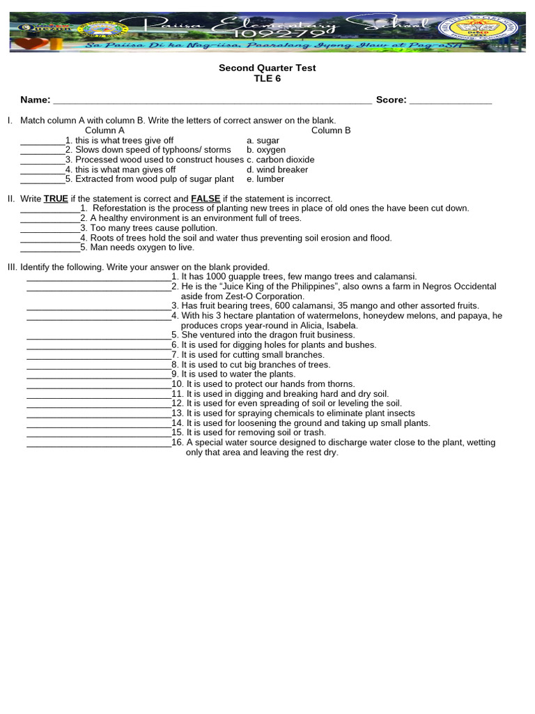 Second Quarter Test Tle 6 Name: - Score | PDF