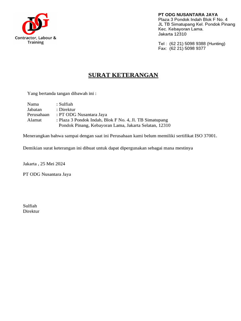 Surat Keterangan Belum ISO 37001 | PDF